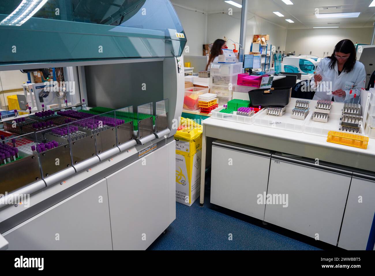 Technical platform of the Inovie 34 laboratory . Hematology tube sorter. NFS, blood count, VS ...