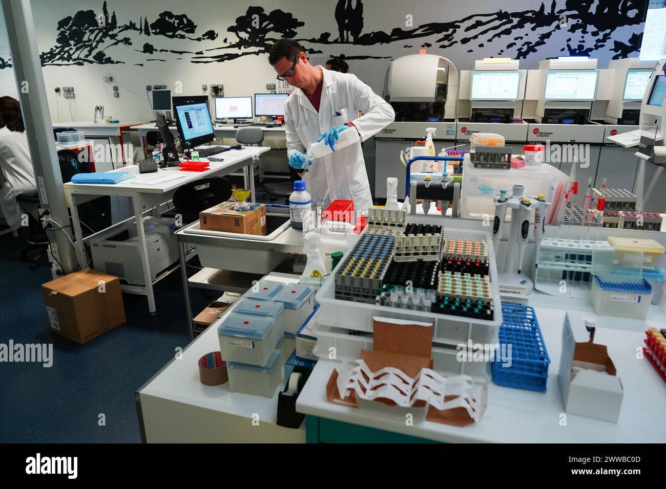 Technical platform of the Inovie 34 laboratory . Staining of a malaria slide and diagnostic ...