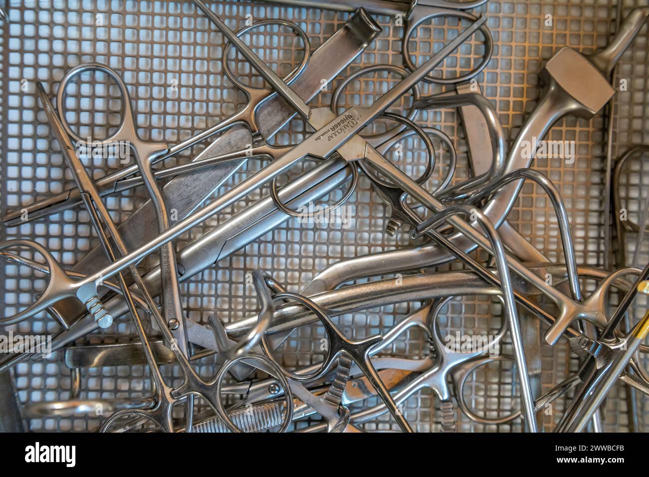 Surgical instruments in tray in washing room before sterilization Stock ...