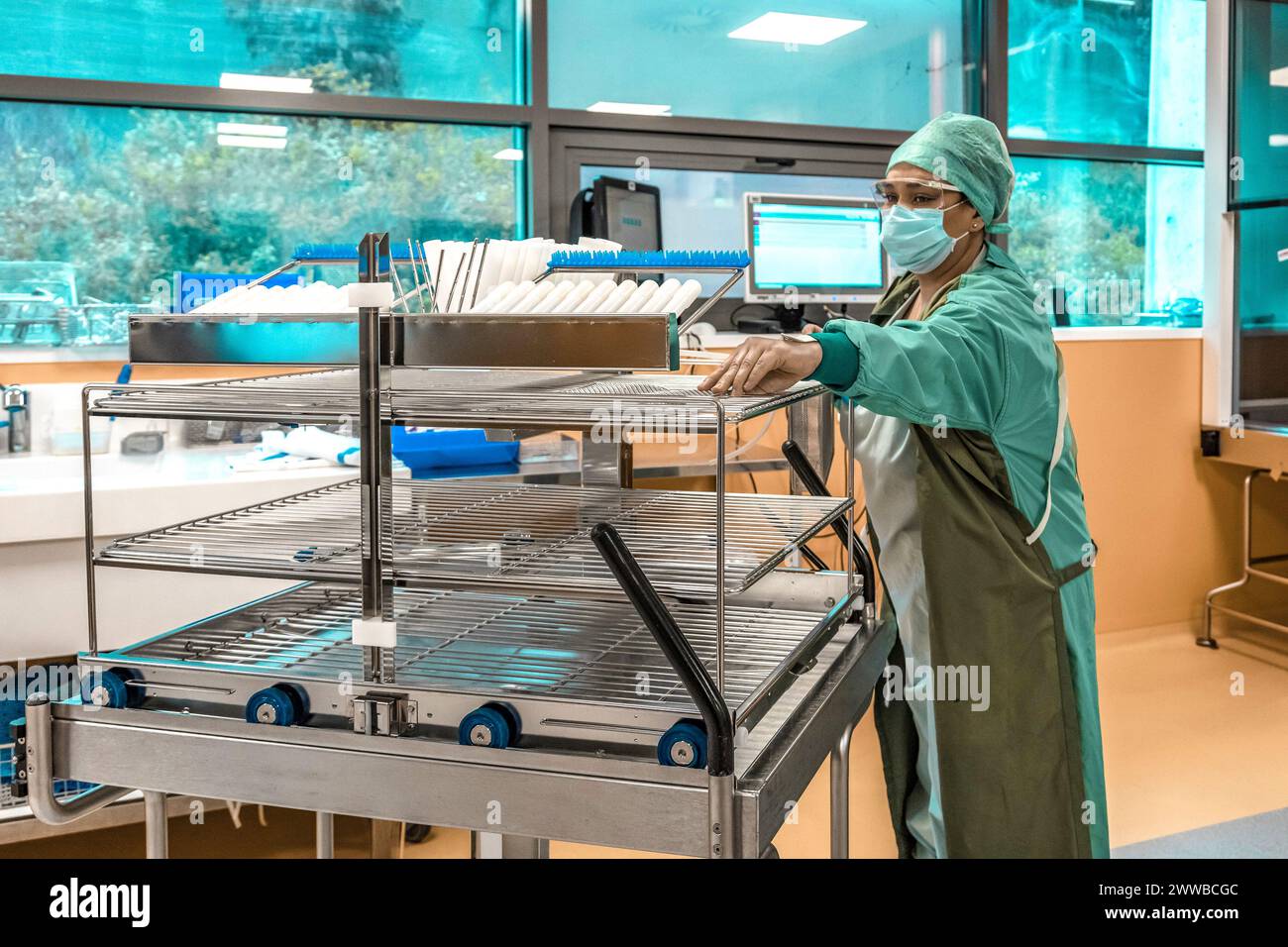 Technician checking the material entering the washing room before ...