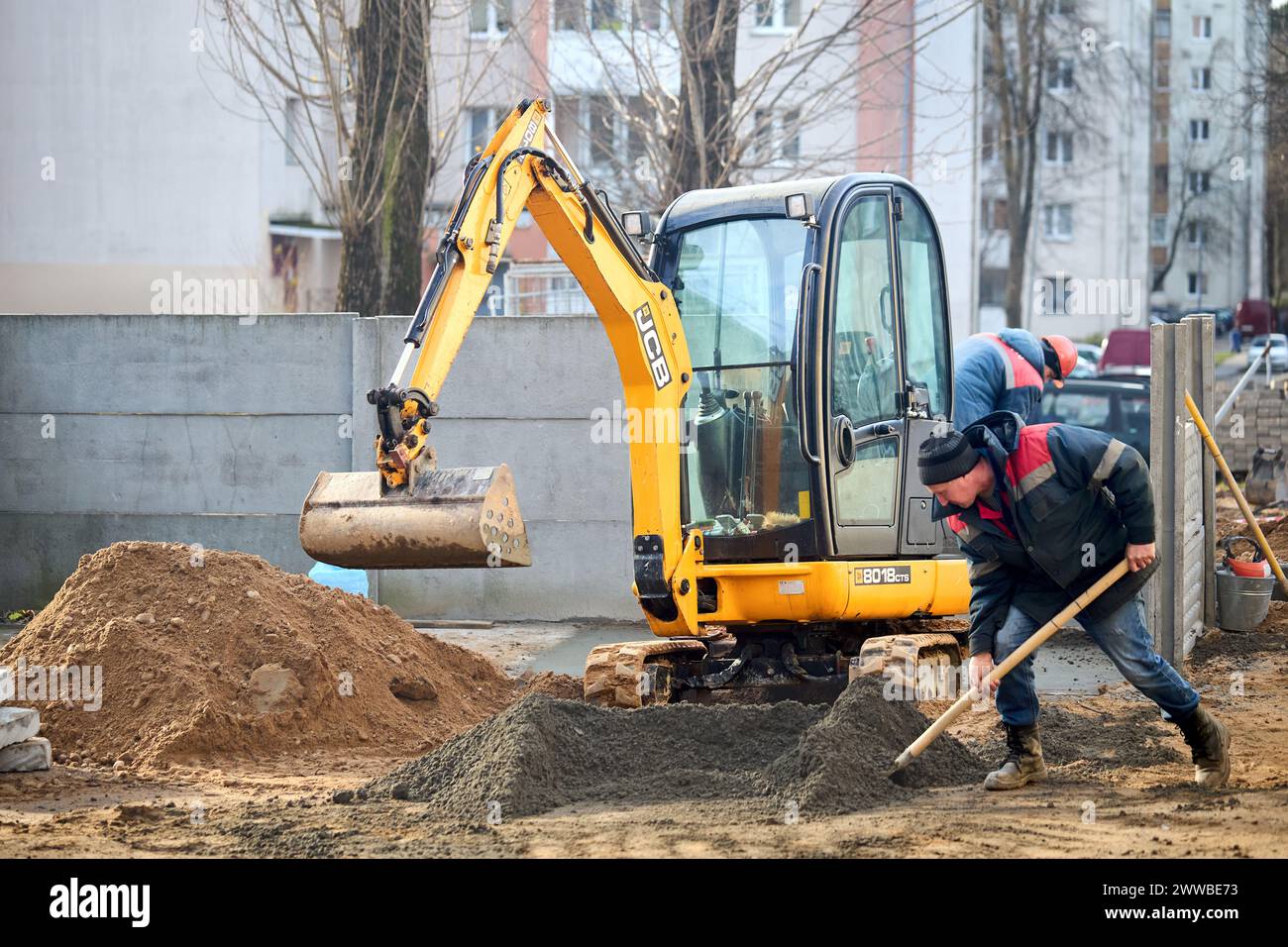 Grodno, Belarus - November, 22 2021: JCB 8018 CTS excavator digging ...