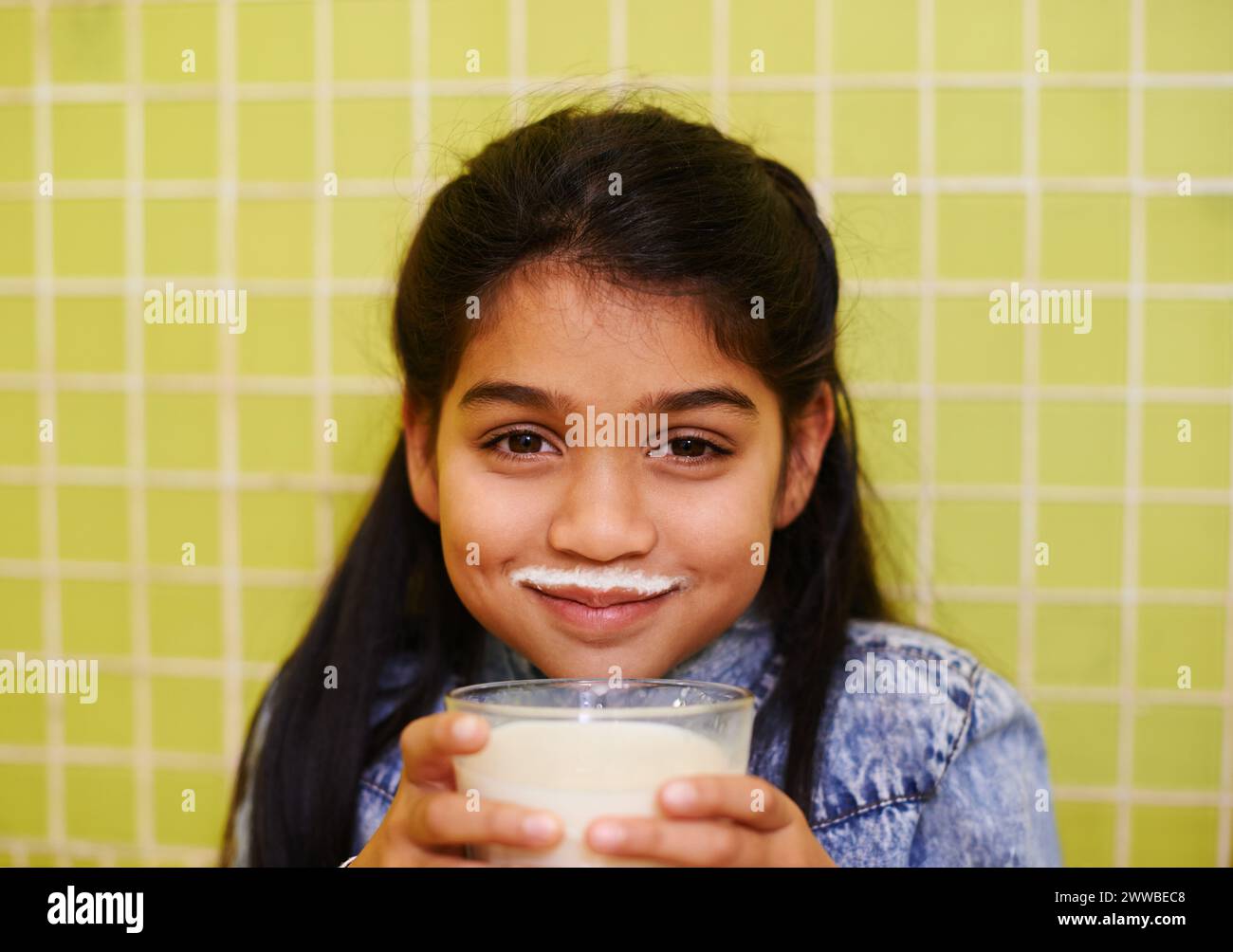 Milk moustache, smile or girl portrait in house with healthy breakfast ...