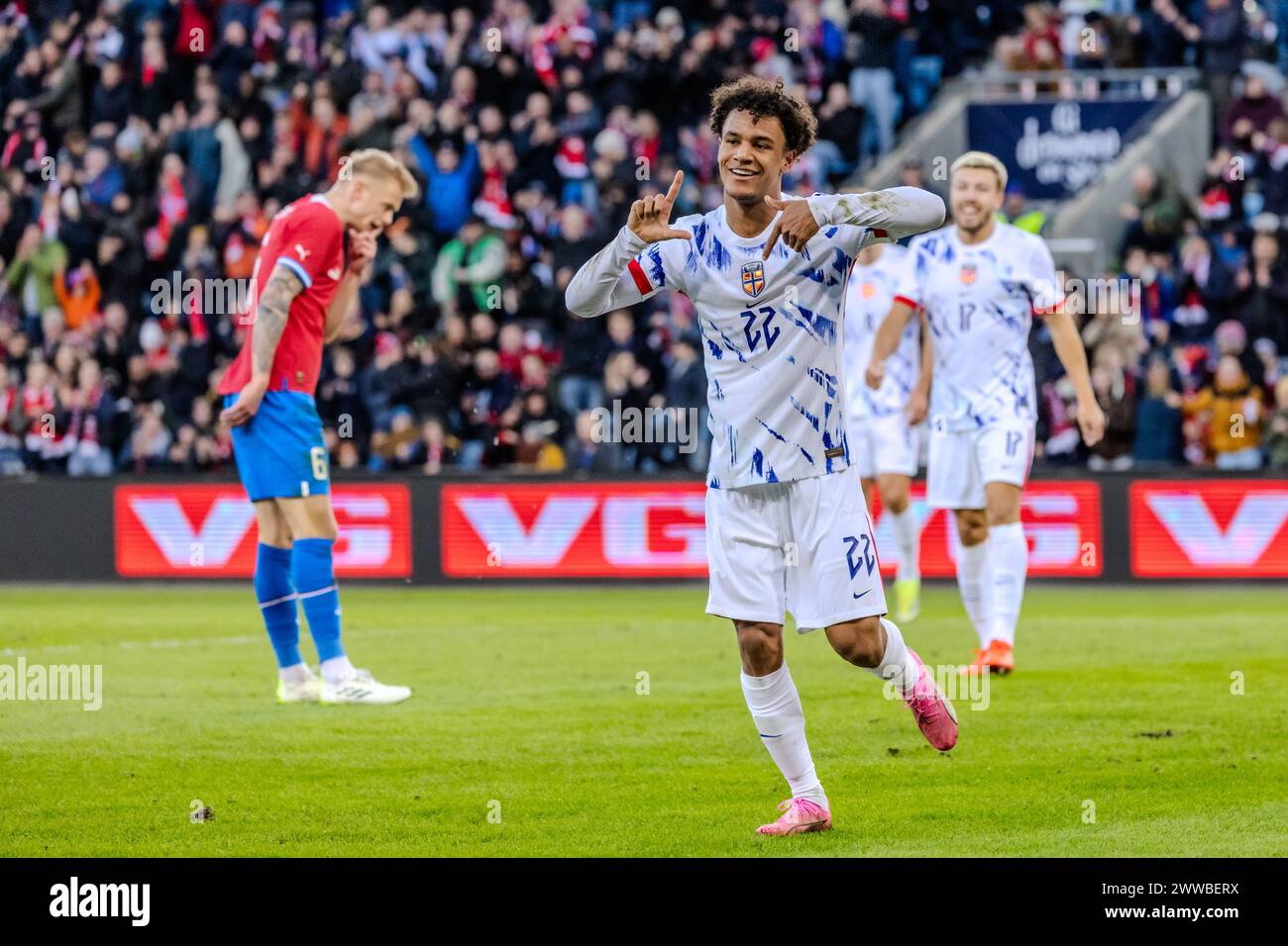 Oslo, Norway. 22nd Mar, 2024. Oscar Bobb (22) of Norway scores for 1-0 ...
