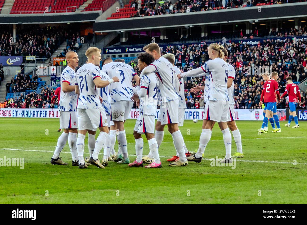 Oslo, Norway. 22nd, March 2024. Oscar Bobb (22) of Norway scores for 1 ...