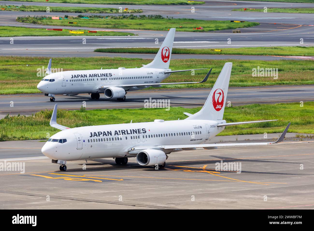 Tokyo, Japan - September 25, 2023: Japan Airlines JAL Boeing 737-800 airplanes at Tokyo Haneda ...