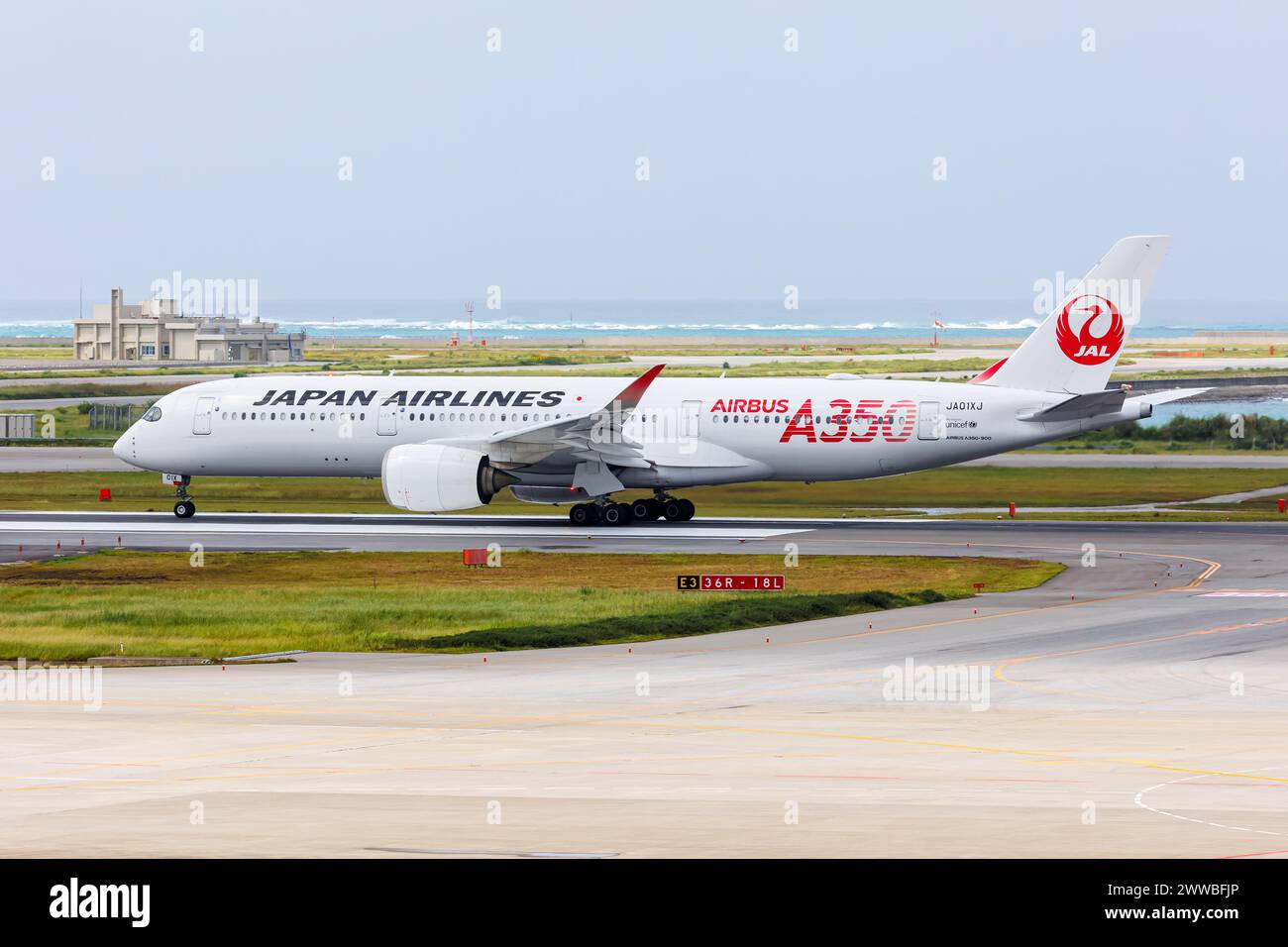 Naha, Japan - October 3, 2023: JAL Japan Airlines Airbus A350-900 airplane at Okinawa Naha ...