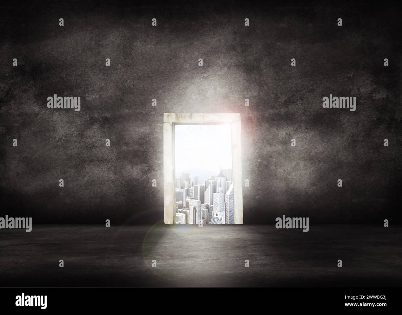 Door, light and world with opportunity in city for career, ambition or ...