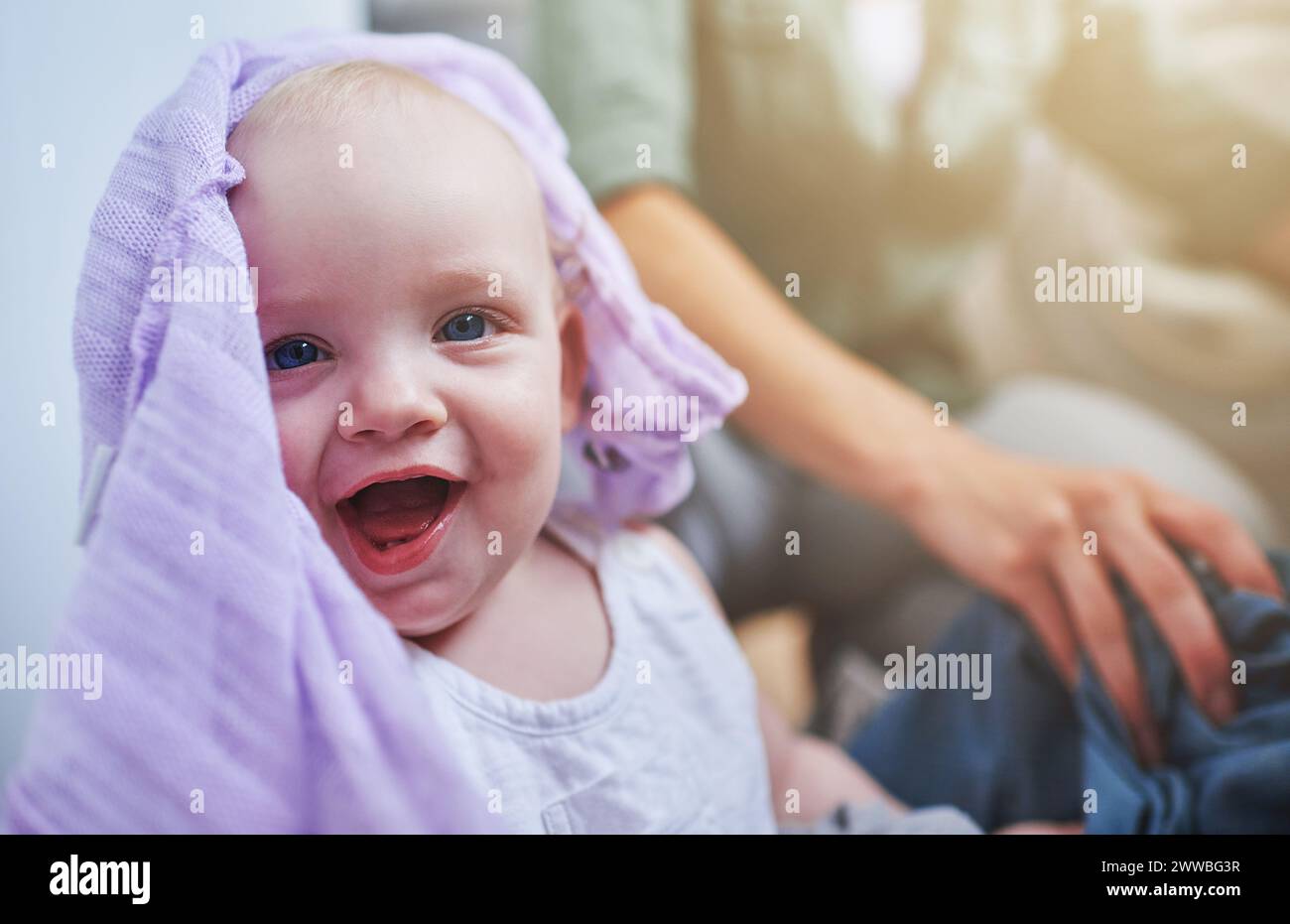 Laundry, washing and portrait of baby with clothes in home for playing ...
