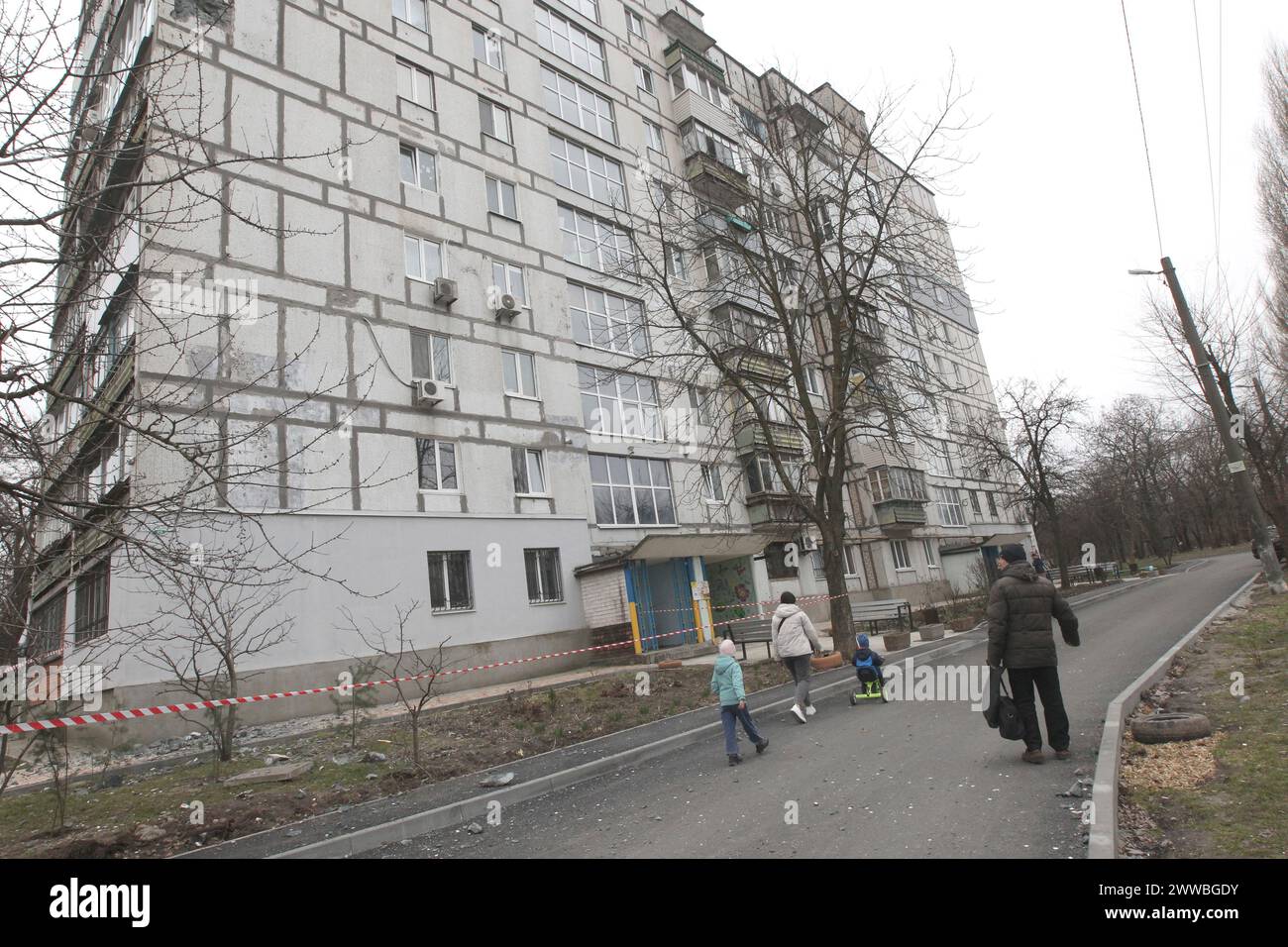DNIPRO, UKRAINE - MARCH 22, 2024 - A residential building damaged by a ...