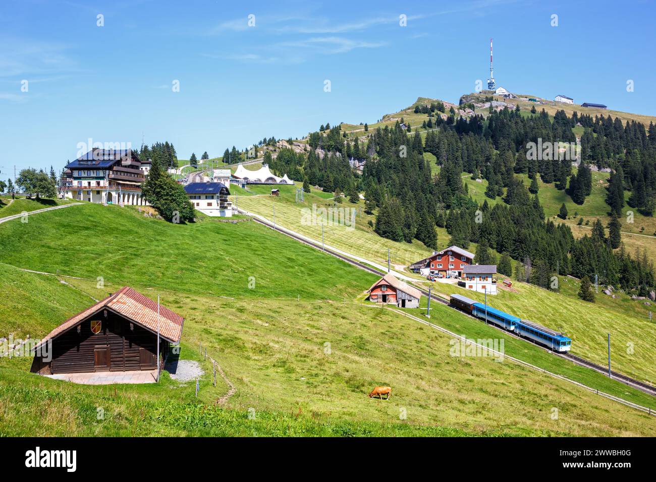 View on Rigi mountain and Arth–Rigi railway train line rack railway in ...