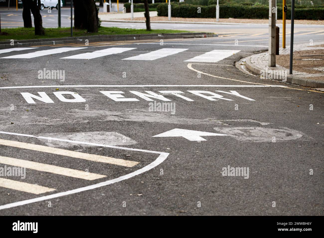 Road marking, no entry and warning with text, arrow and error for ...