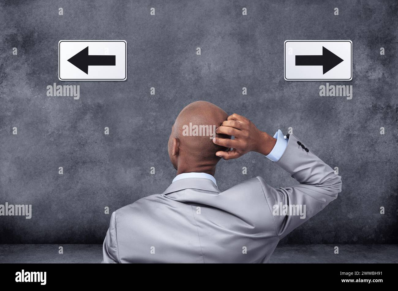 Businessman, thinking and arrows with choice for direction, selection ...