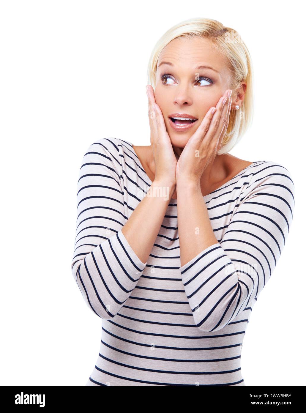 Woman, hands and shock surprise or wow expression for gossip in studio ...