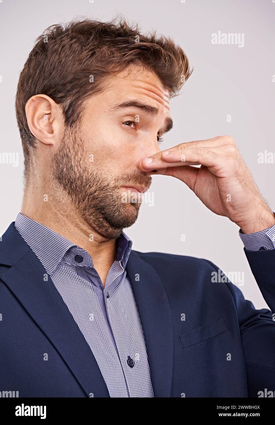 Entrepreneur, man and studio with smell or hand gesture on white ...