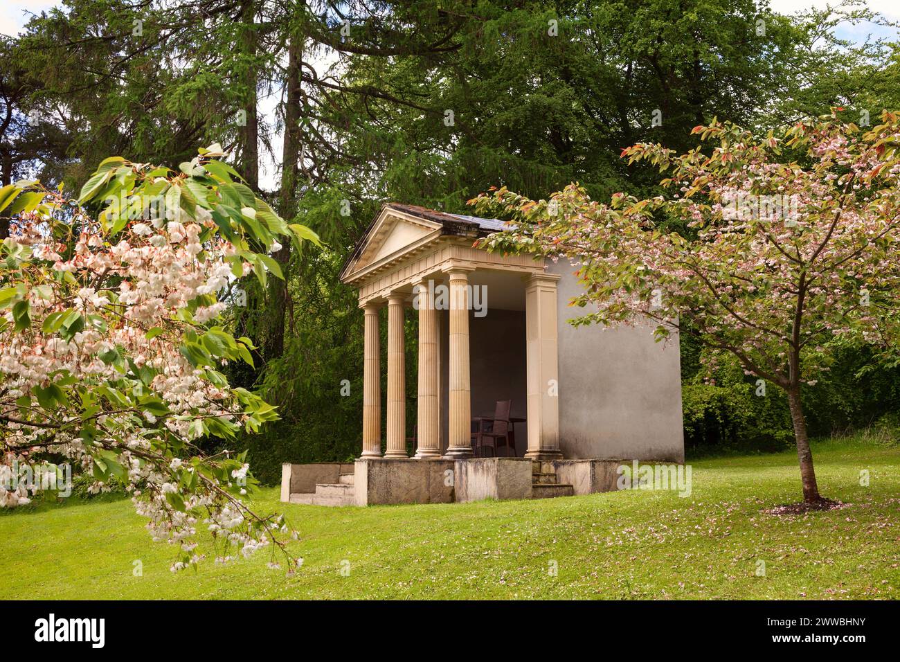 The Doric Temple above the cascades in Ballyfin demesne in County Laois ...