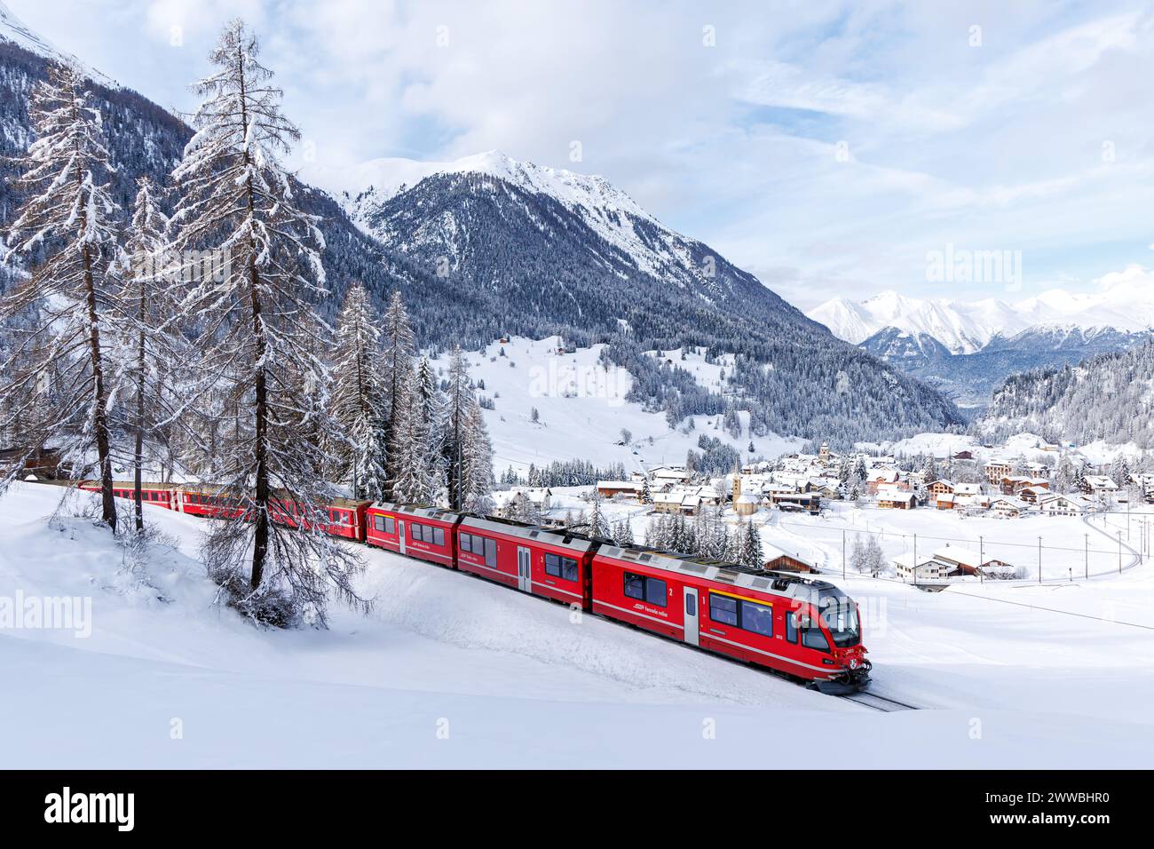 Berguen, Switzerland - January 10, 2024: Rhaetian Railway passenger ...