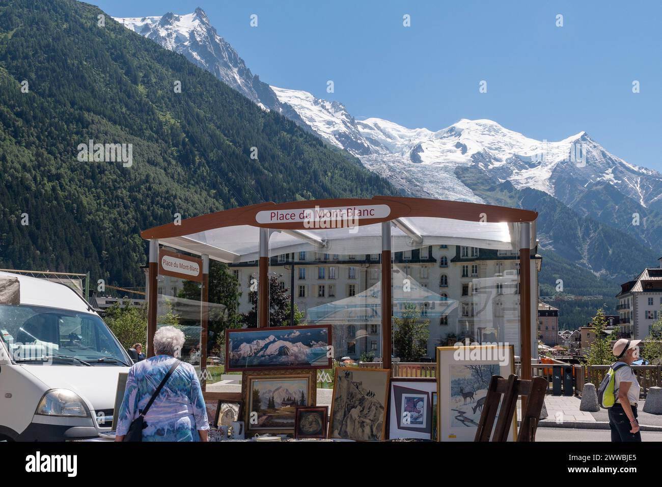 Old painting for sale at the weekly market in Place du Mont Blanc ...