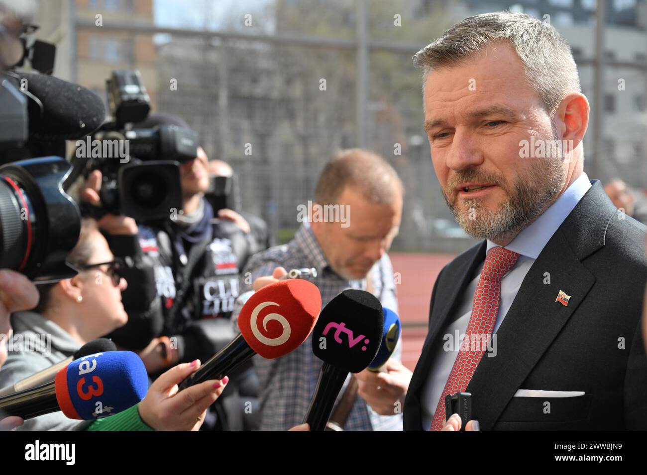 Bratislava, Slovakia. 23rd Mar, 2024. Presidential candidate Peter Pellegrini speaks to ...