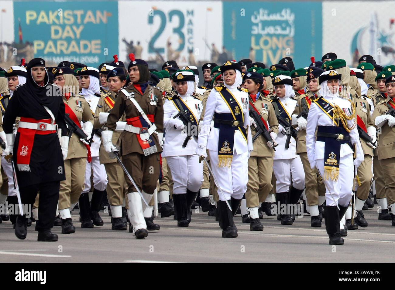 Pakistani military female soldiers march during a military parade to ...
