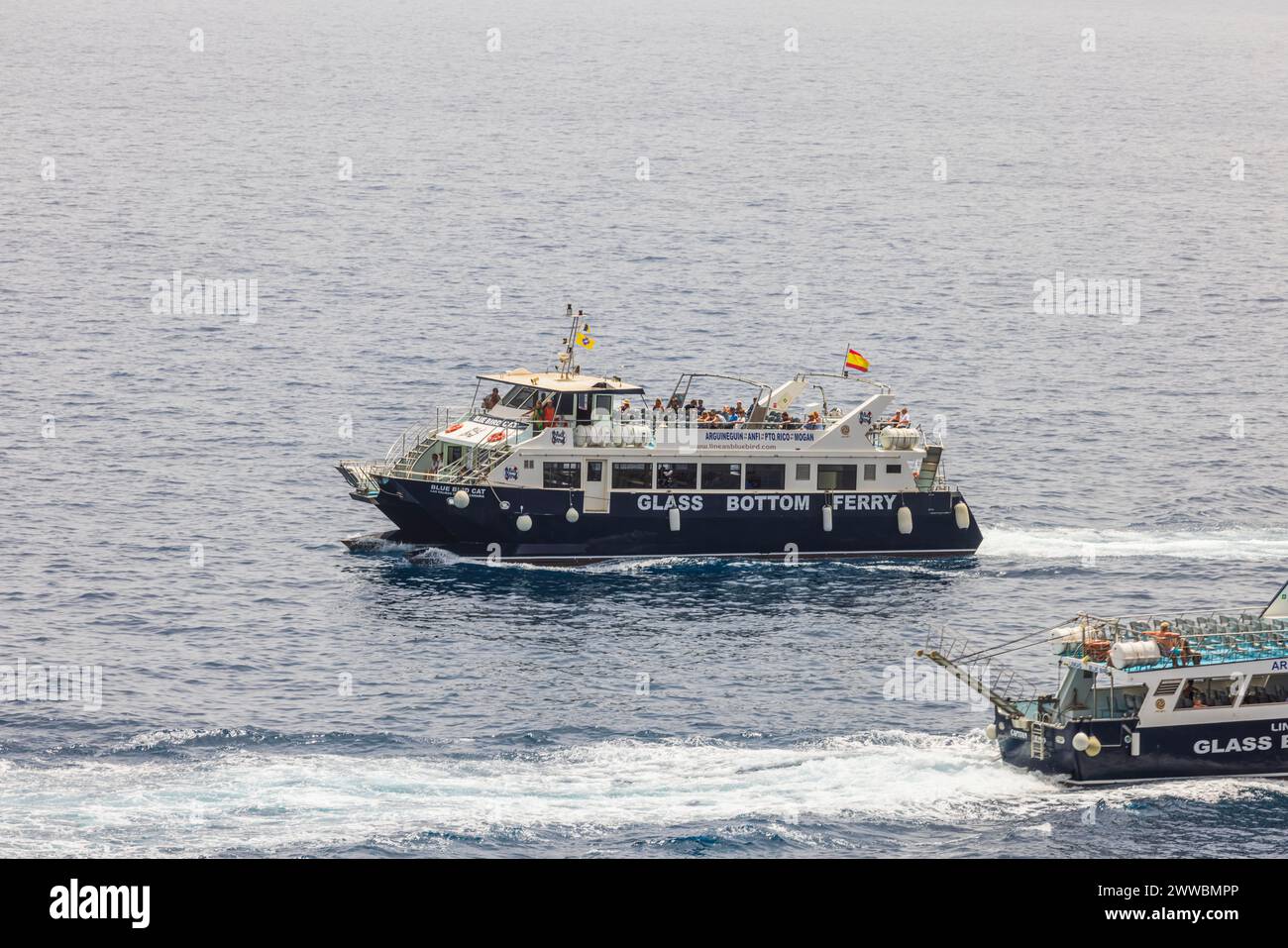 View of two Blue Bird ferry lines meeting off the coast of Gran Canaria ...