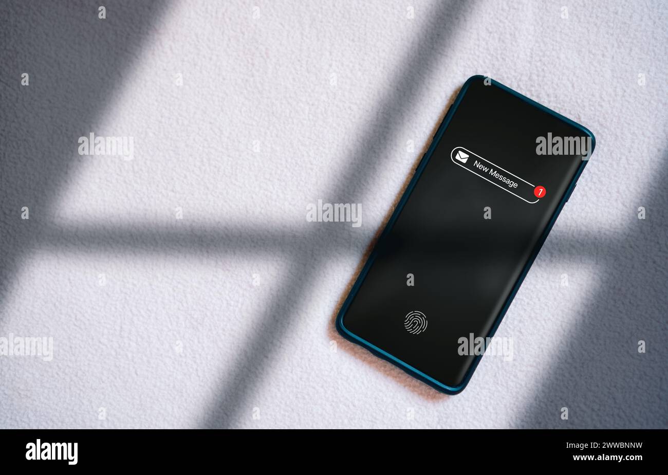 Smartphone with new message notification on screen. Communication ... Smartphone with new message notification on screen. Communication ...
