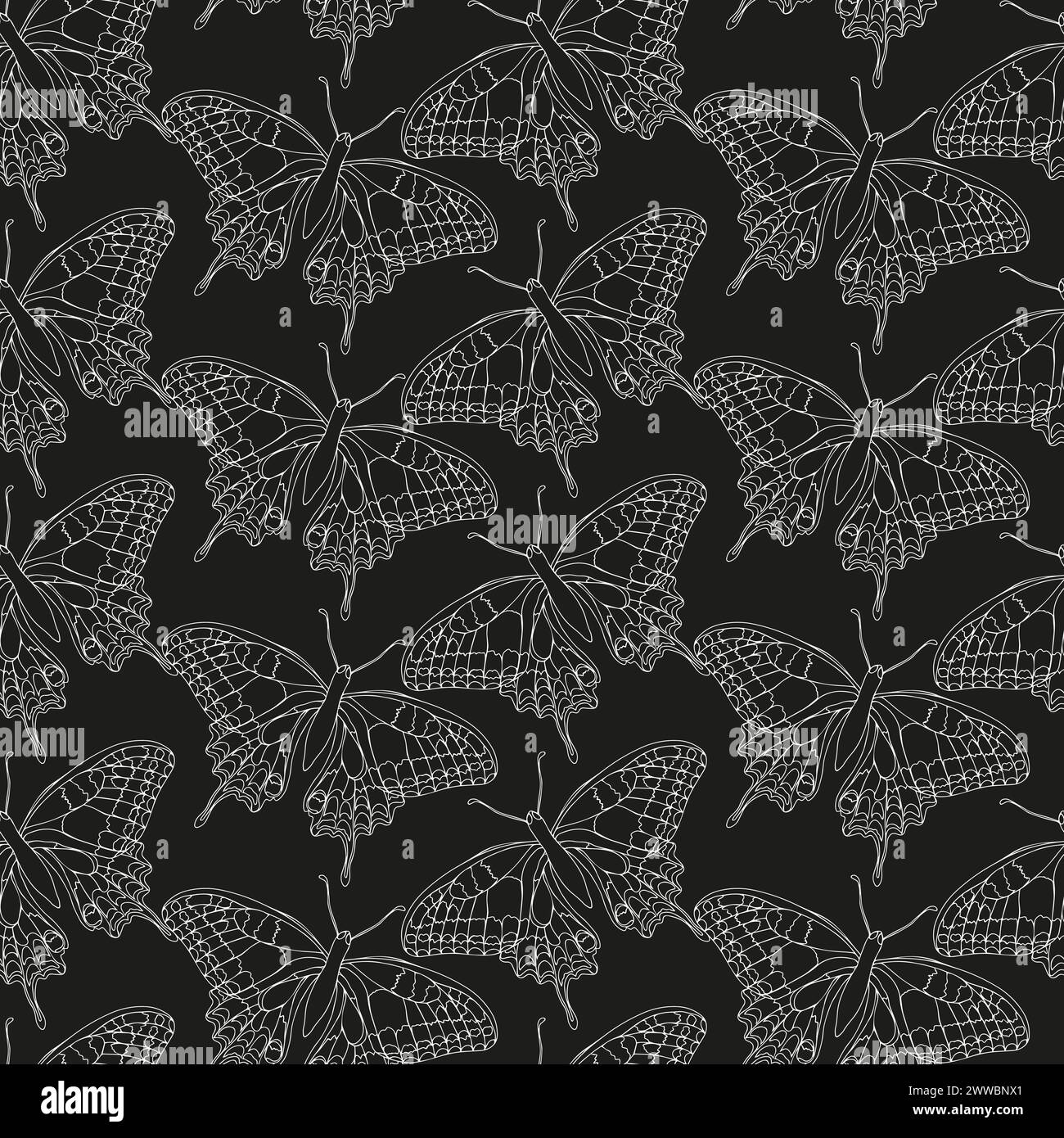 Butterflies black and white ink line vector symmetry seamless pattern ...