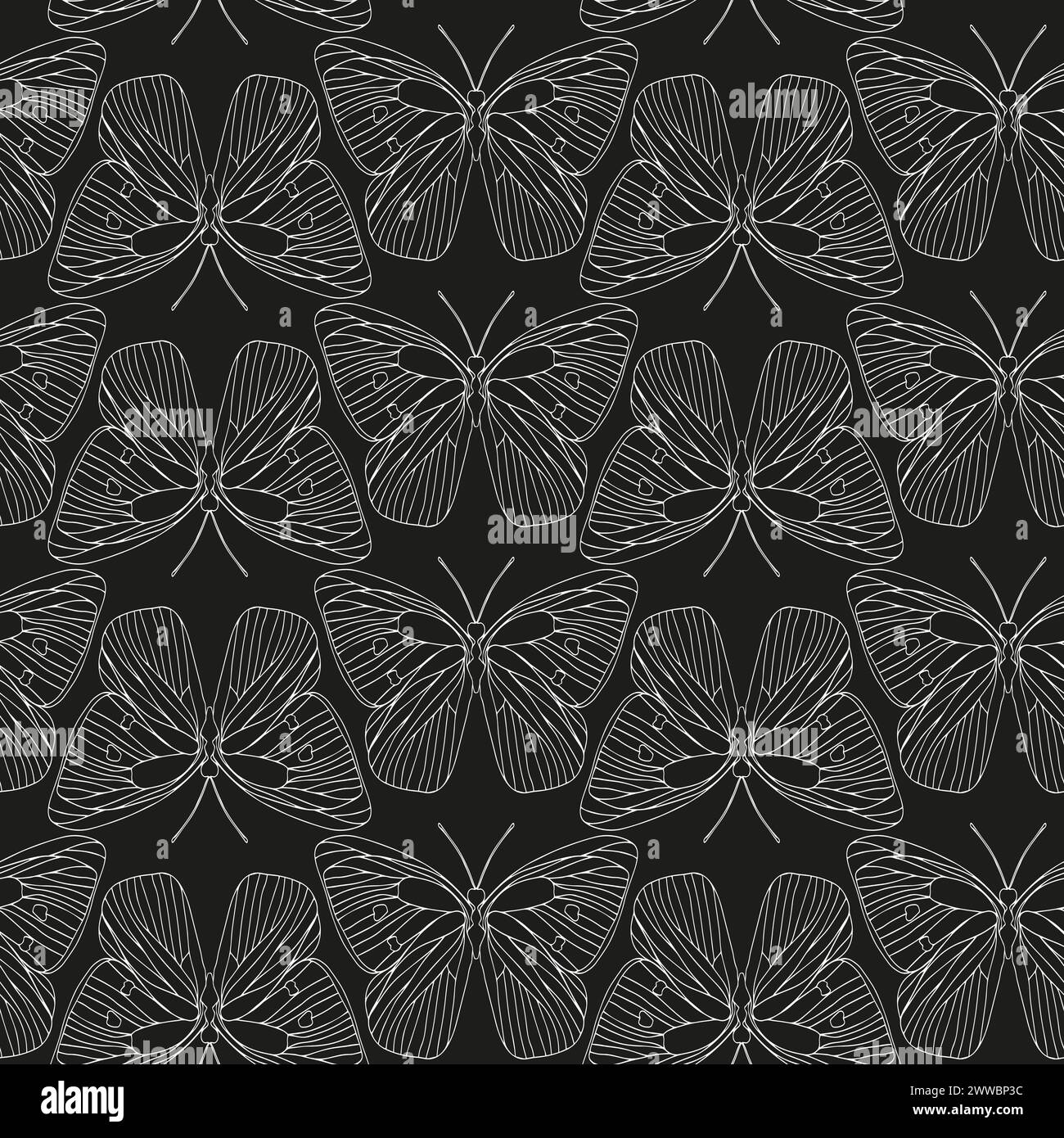 Butterflies black and white ink line vector symmetry seamless pattern ...