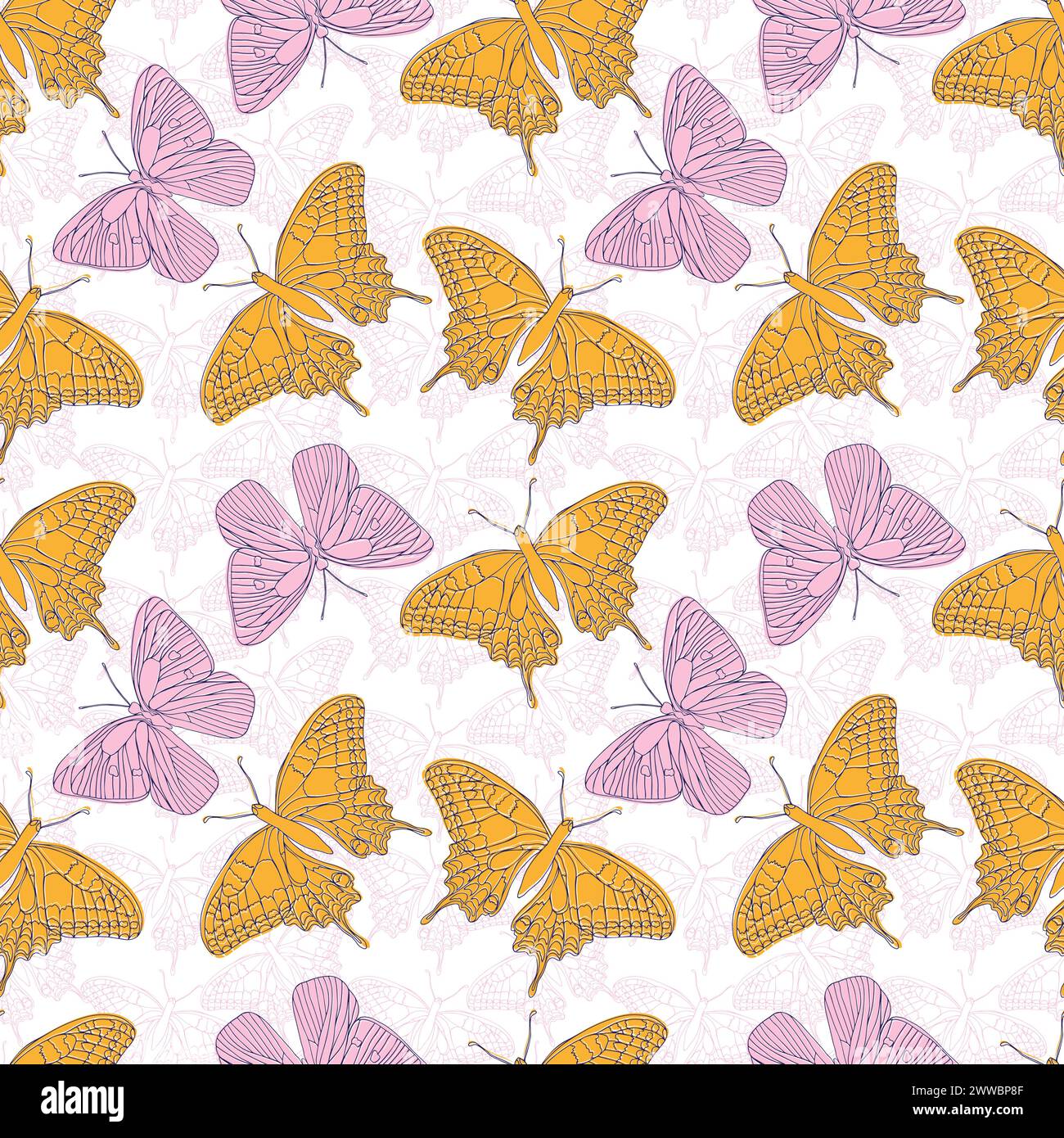 Butterflies ink line vector seamless pattern set background for textile ...
