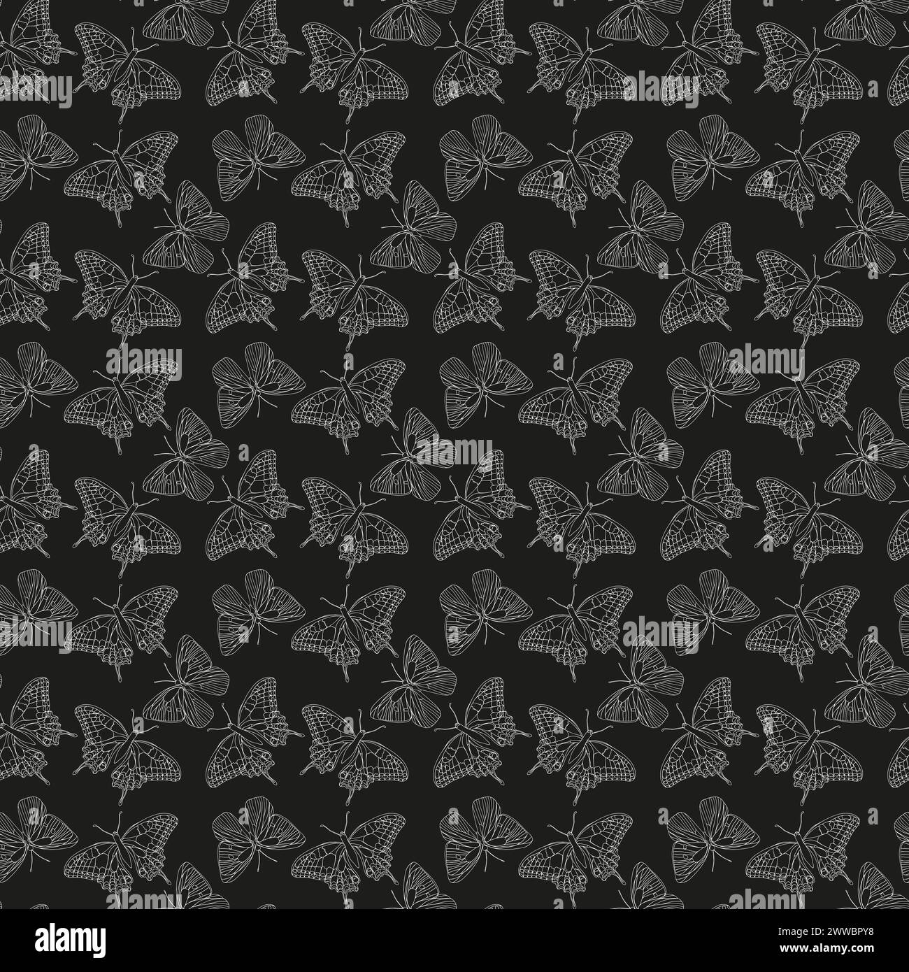 Butterflies black and white ink line vector seamless pattern background ...
