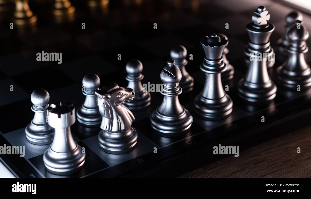 Siver chess pieces aligned on glossy board. Chessmen Stock Photo - Alamy