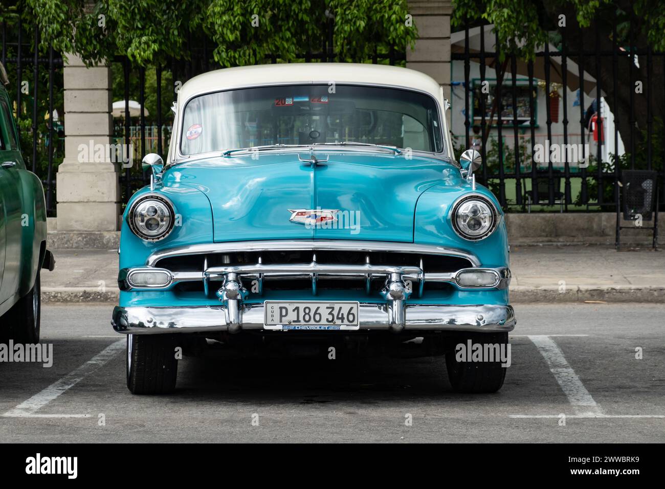 HAVANA, CUBA - AUGUST 27, 2023: Azure blue Chevrolet BelAir 1954 car in ...