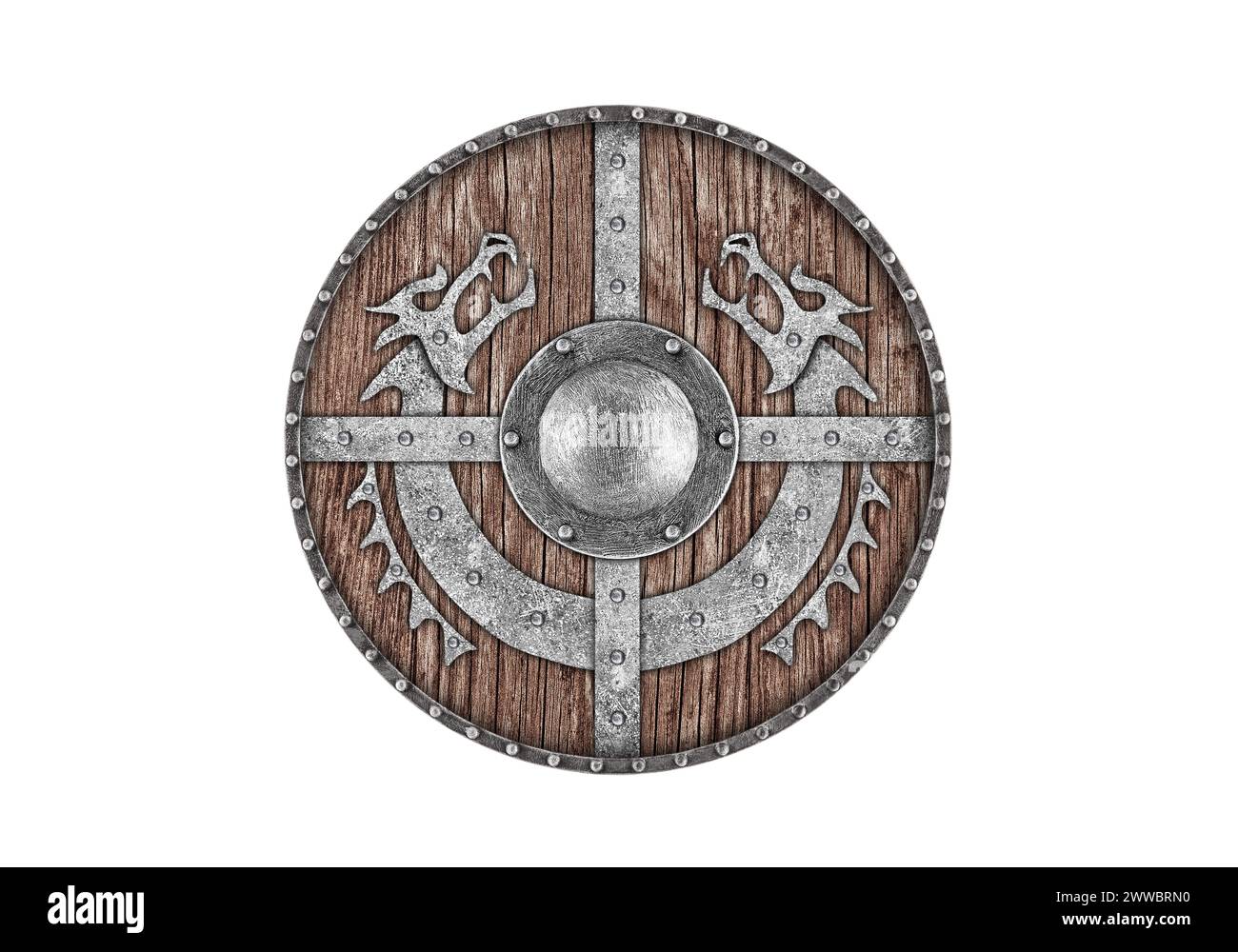Old decorated wooden round shield isolated on white background Stock ...