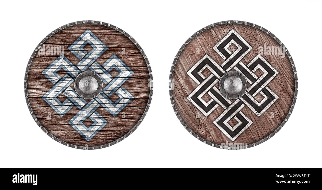 Old decorated wooden round shield isolated on white background Stock ...