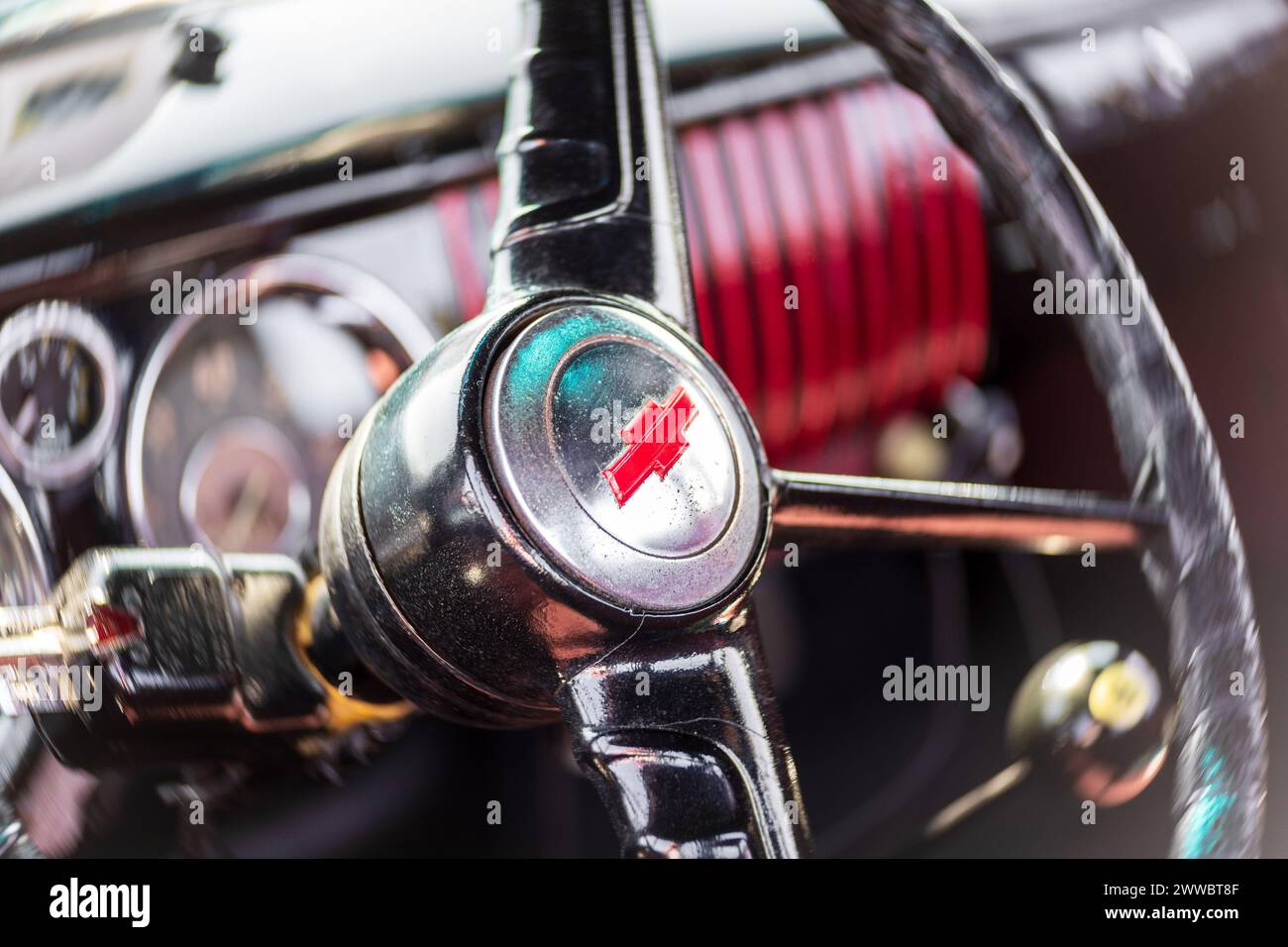 LINTHE, GERMANY - MAY 27, 2023: The interior of pickup track Chevrolet 3100 Stepside, 1954. Art ...