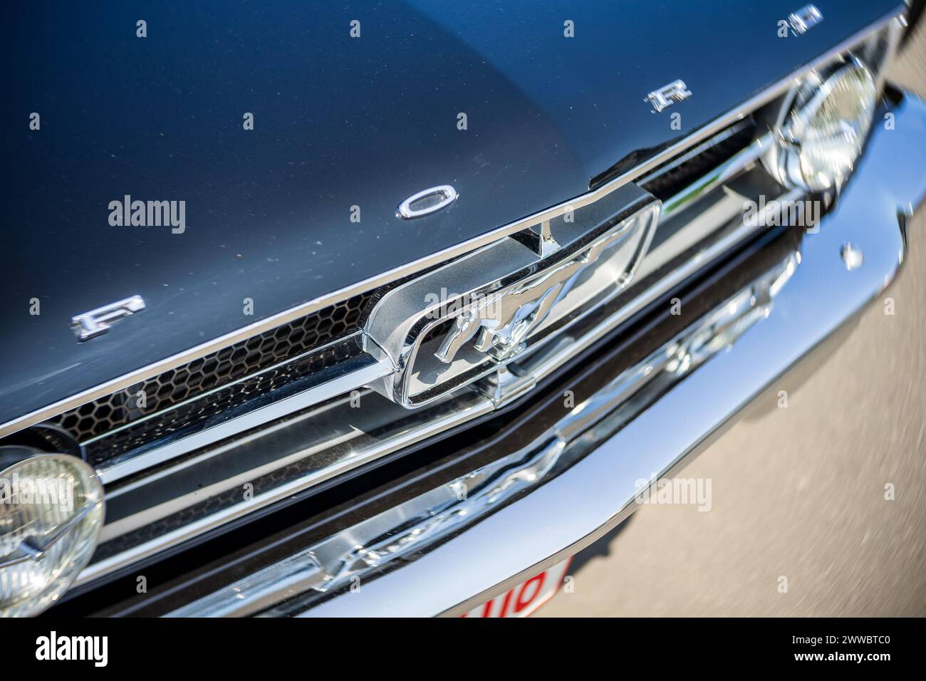 LINTHE, GERMANY - MAY 27, 2023: The fragment of muscle car Ford Mustang, 1965. Swirl bokeh. Art ...