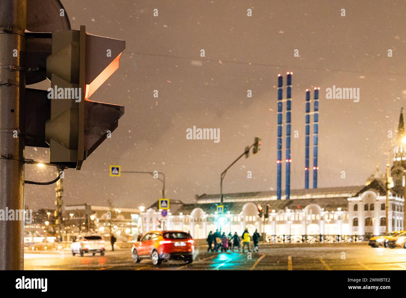 red traffic light and blurred pedestrian crossing on Kadashevskaya ...