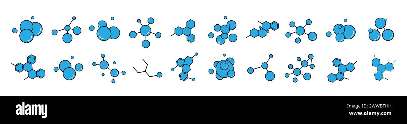 A set of molecular formulas, chemical compounds in blue on a white ...