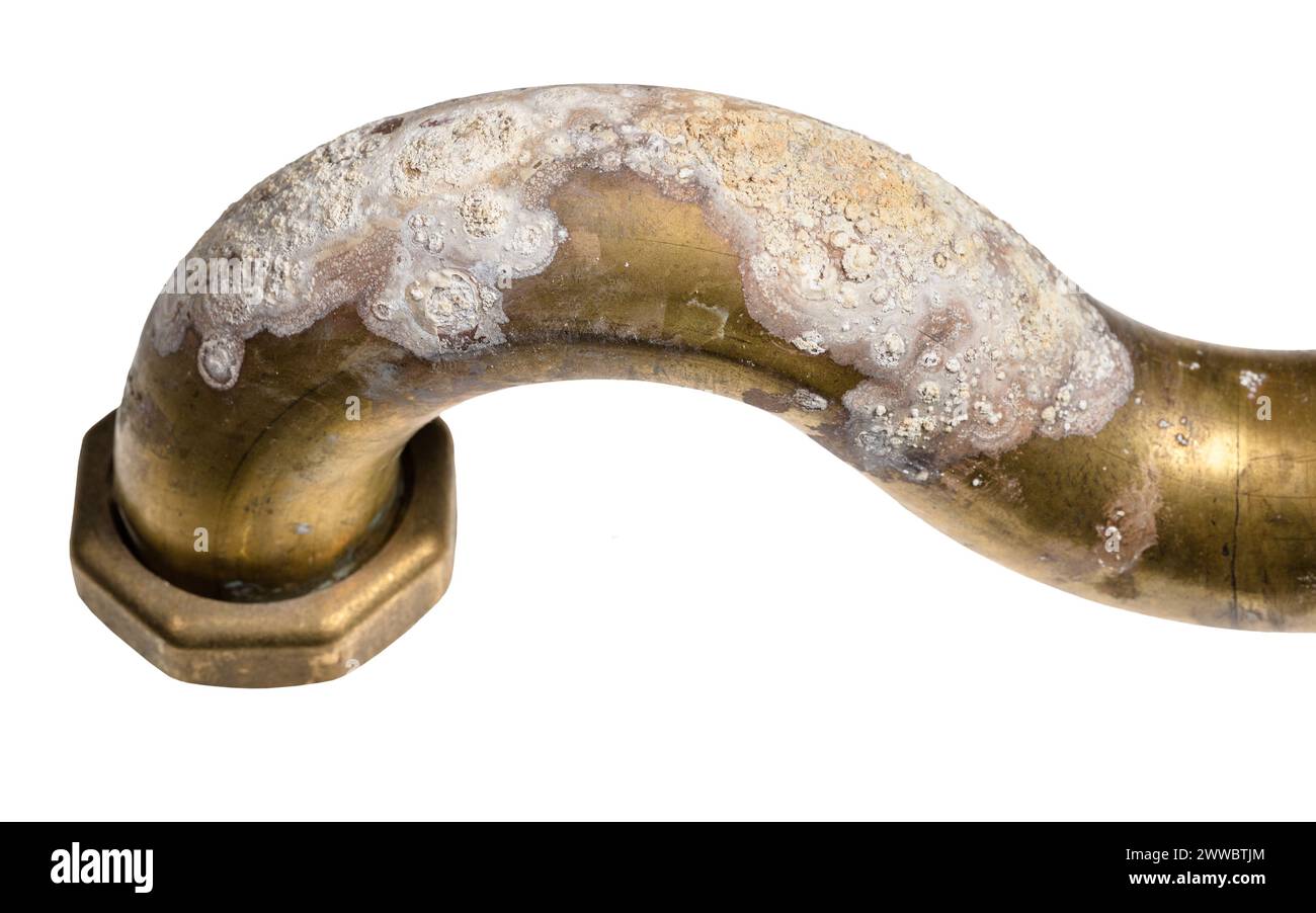 corrosion on brass elbow of bath tub close up isolated on white ...