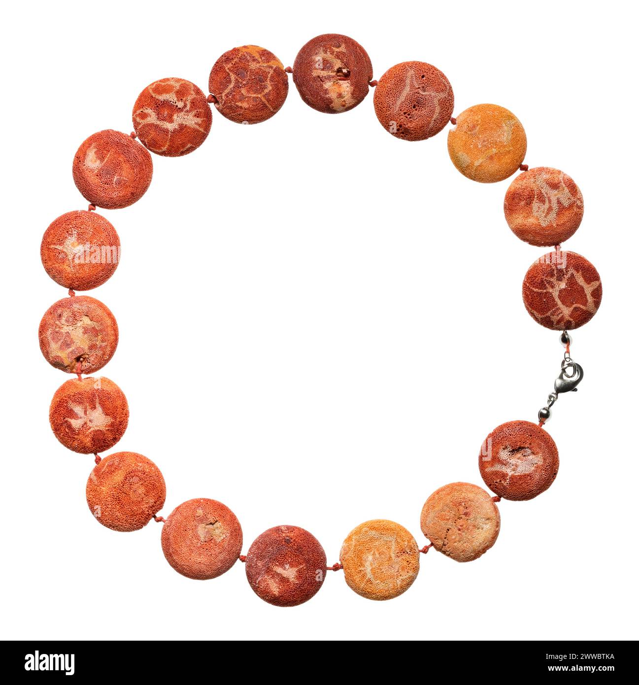 top view of vintage necklace from natural porous orange coral round ...