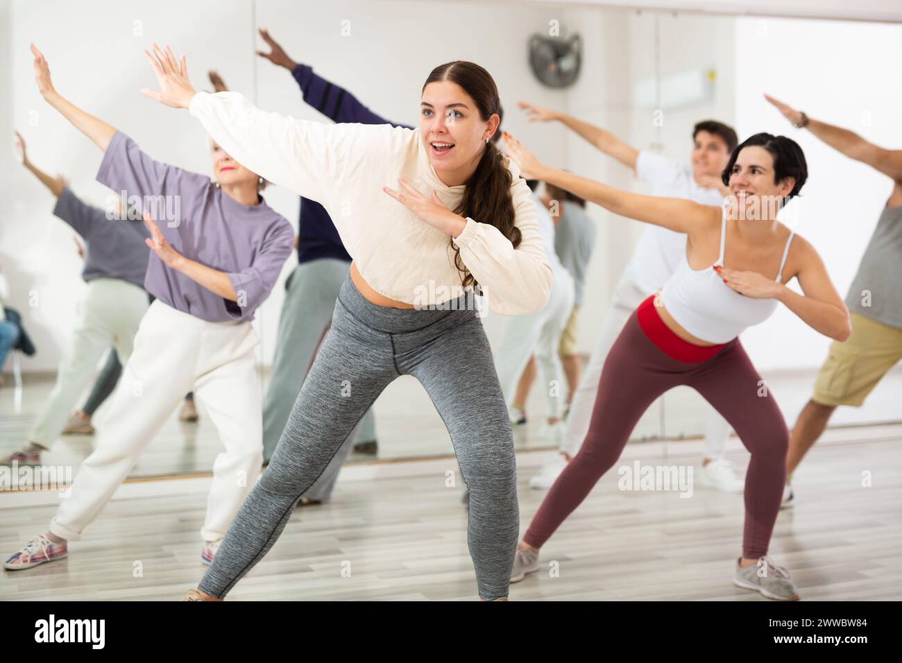 Group of adult people practices dance aerobics Stock Photo - Alamy