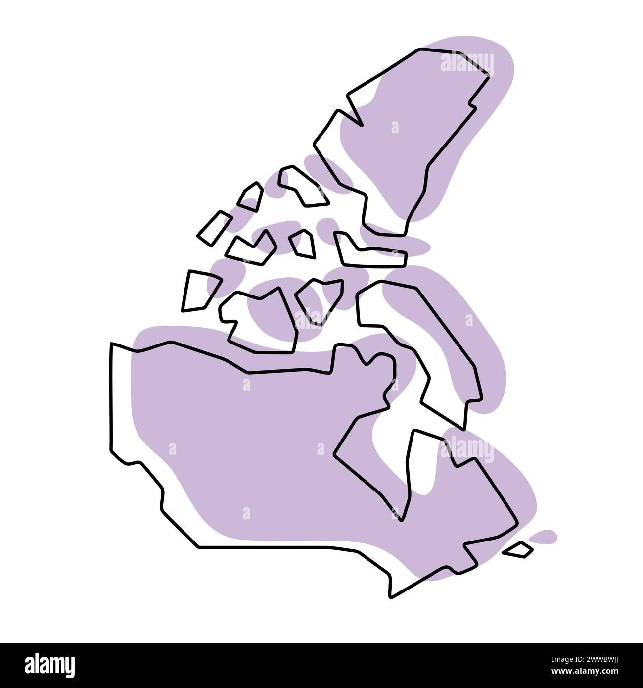 Canada country simplified map. Violet silhouette with thin black smooth ...