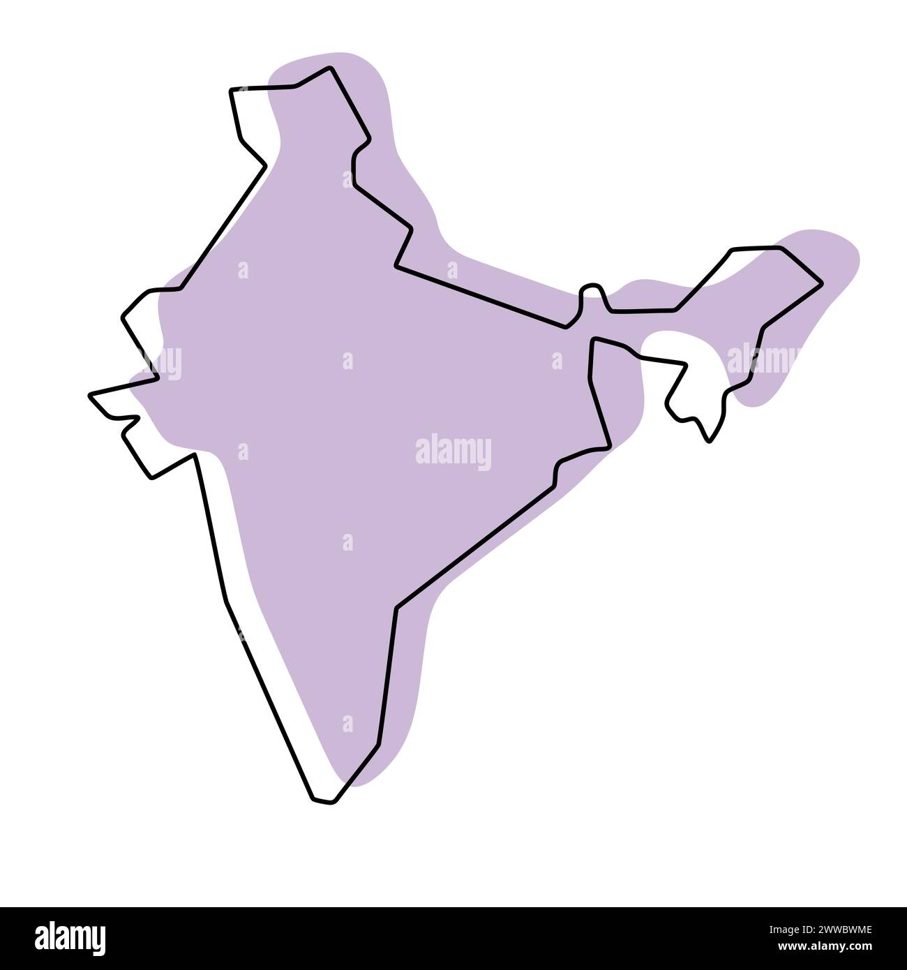 India country simplified map. Violet silhouette with thin black smooth ...