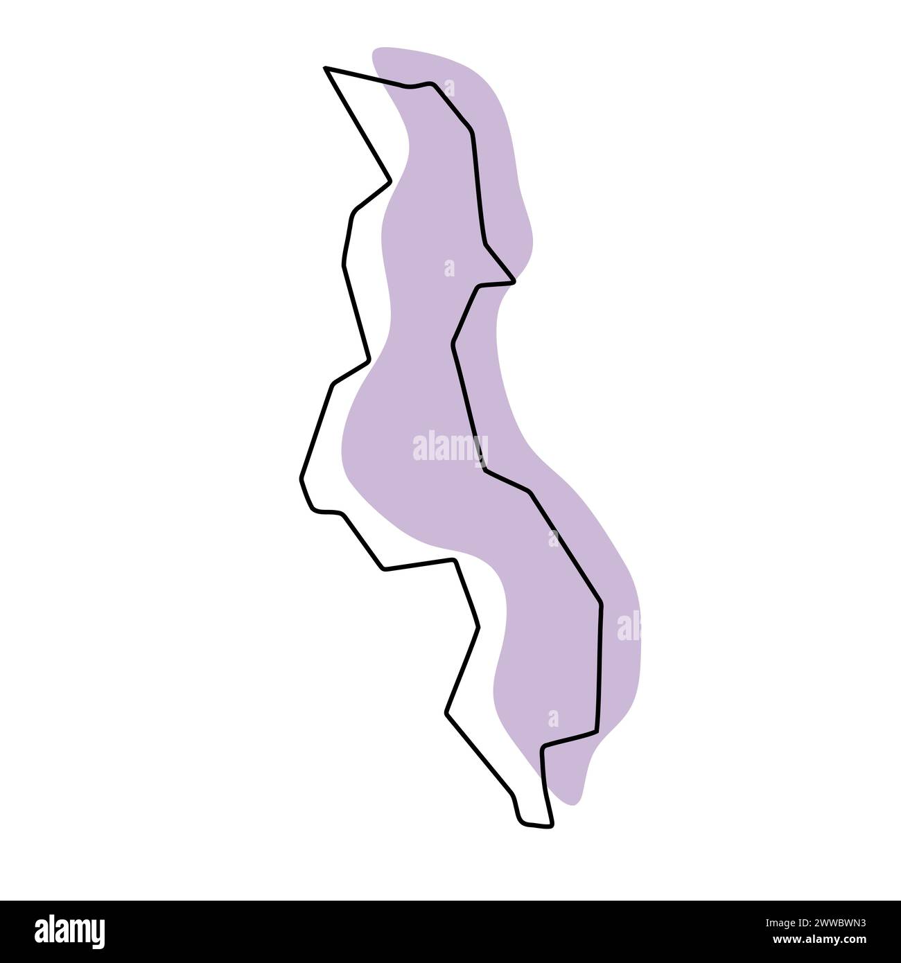Malawi country simplified map. Violet silhouette with thin black smooth ...