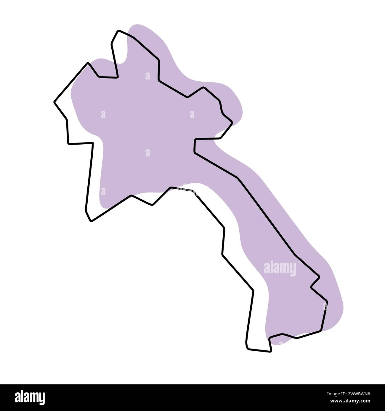Laos country simplified map. Violet silhouette with thin black smooth contour outline isolated ...