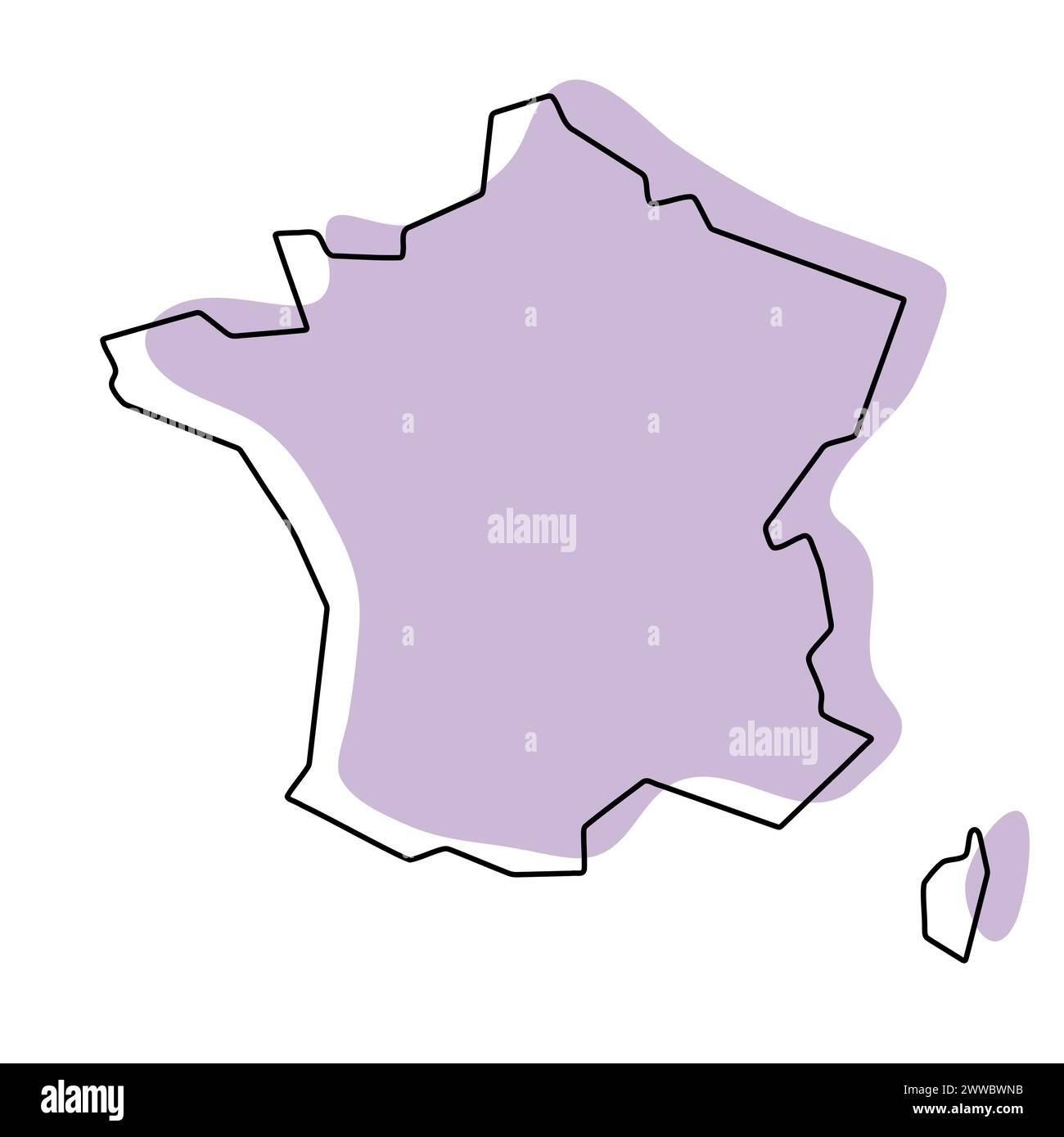 France country simplified map. Violet silhouette with thin black smooth ...