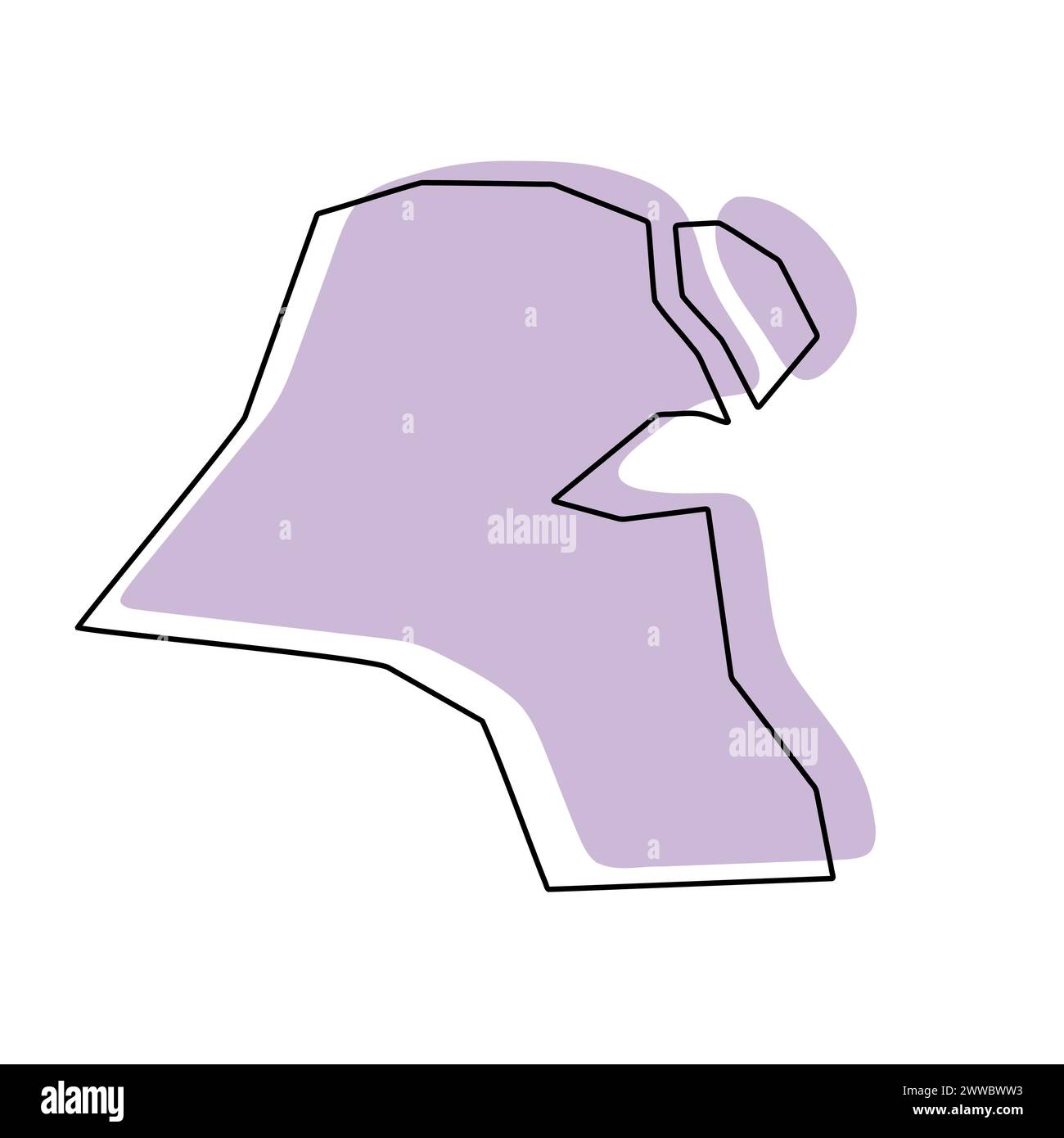 Kuwait country simplified map. Violet silhouette with thin black smooth ...
