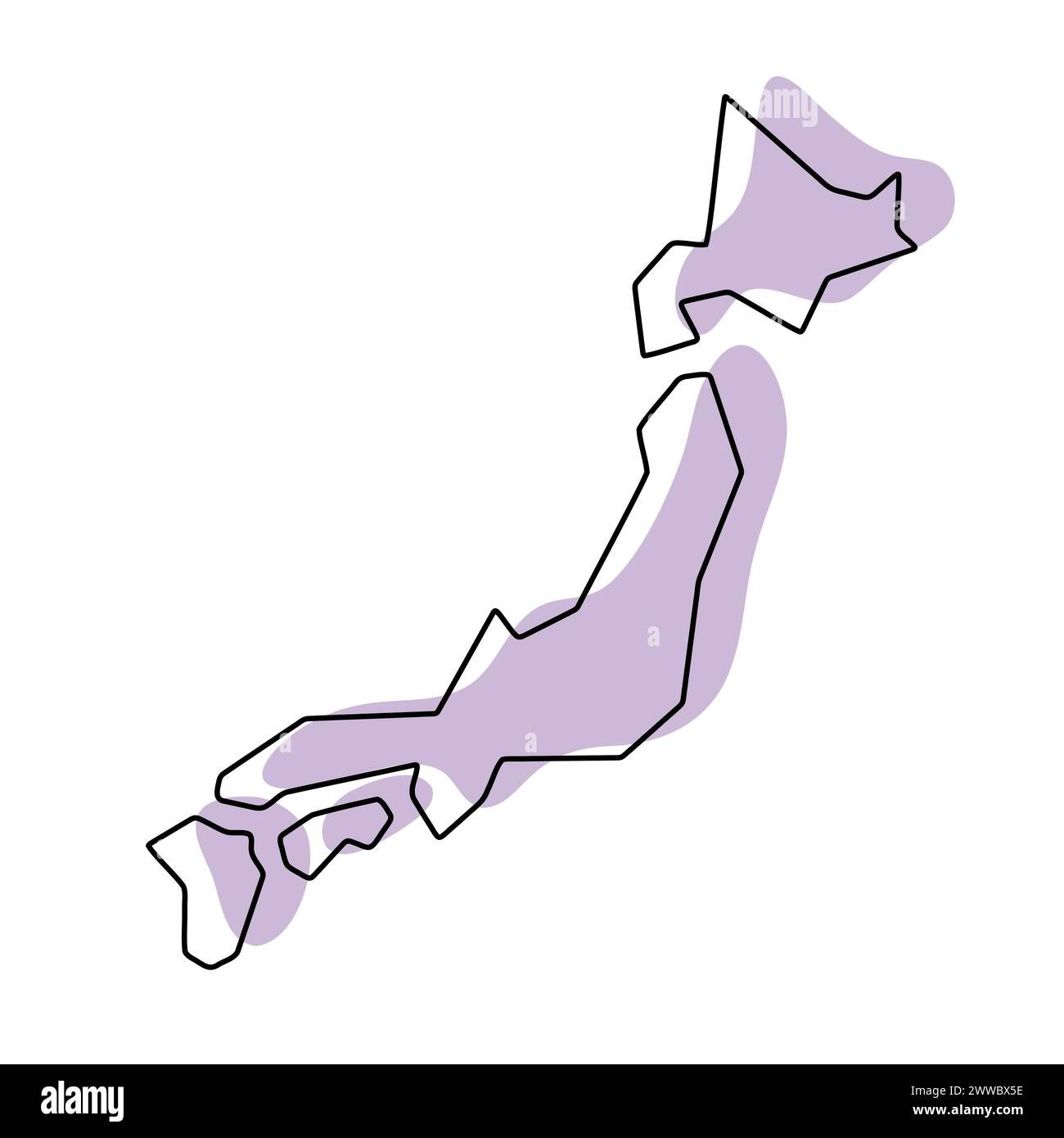 Japan country simplified map. Violet silhouette with thin black smooth ...