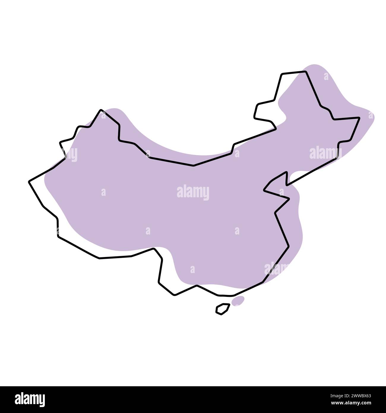 China country simplified map. Violet silhouette with thin black smooth ...