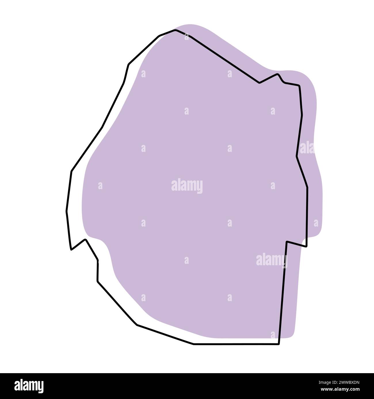 Eswatini country simplified map. Violet silhouette with thin black smooth contour outline ...