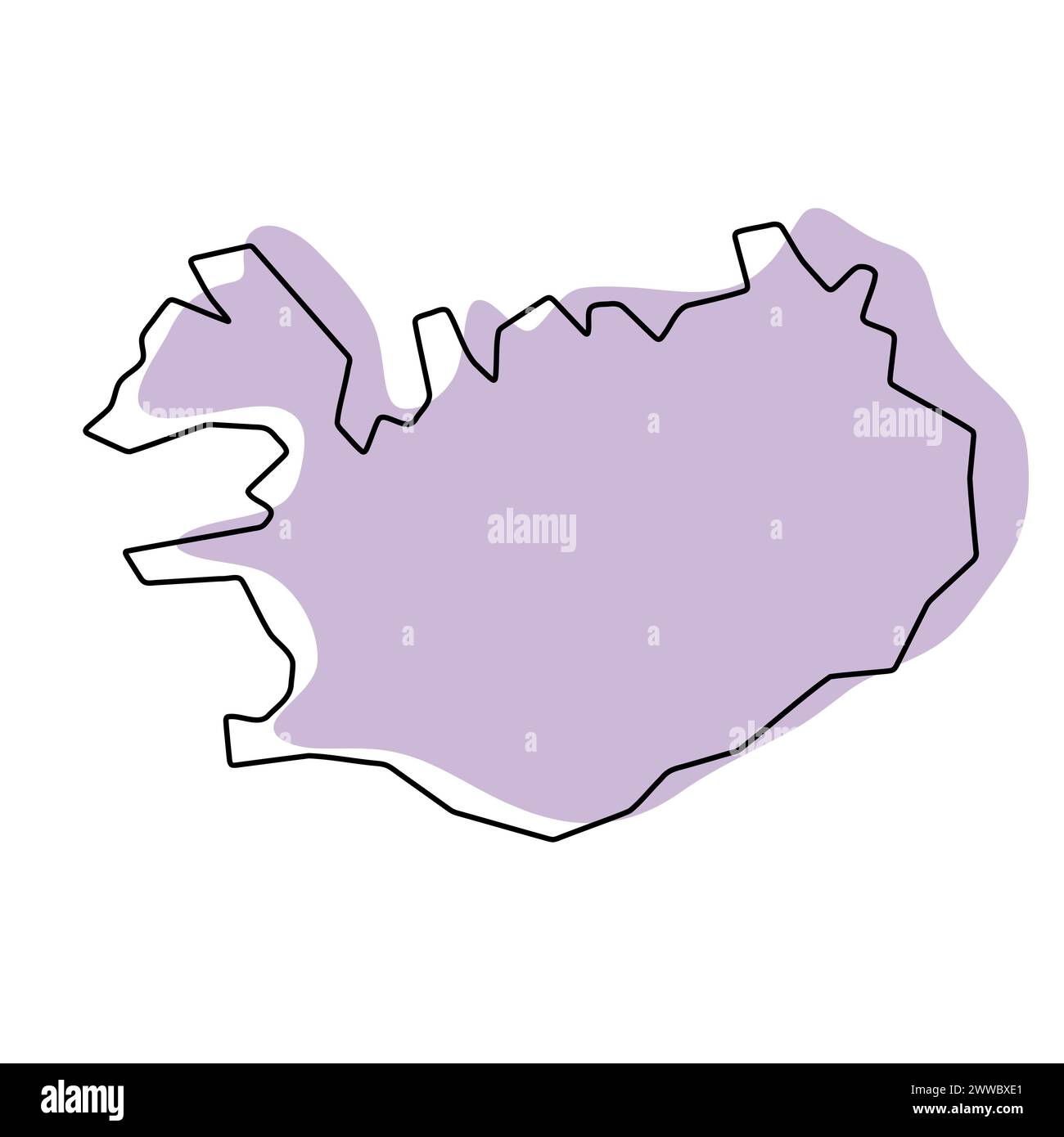 Iceland country simplified map. Violet silhouette with thin black ...